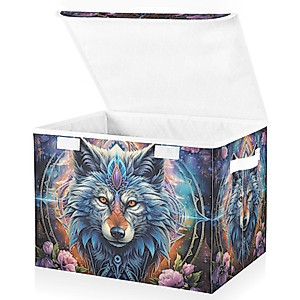 ZRWLUCKY Alchemy Occult Wolf Totem Storage Bins with Lids and Handle Collapsible Decorative Storage Box for Playroom, Office, Kids, Boys, Girls, Adults, Puppies