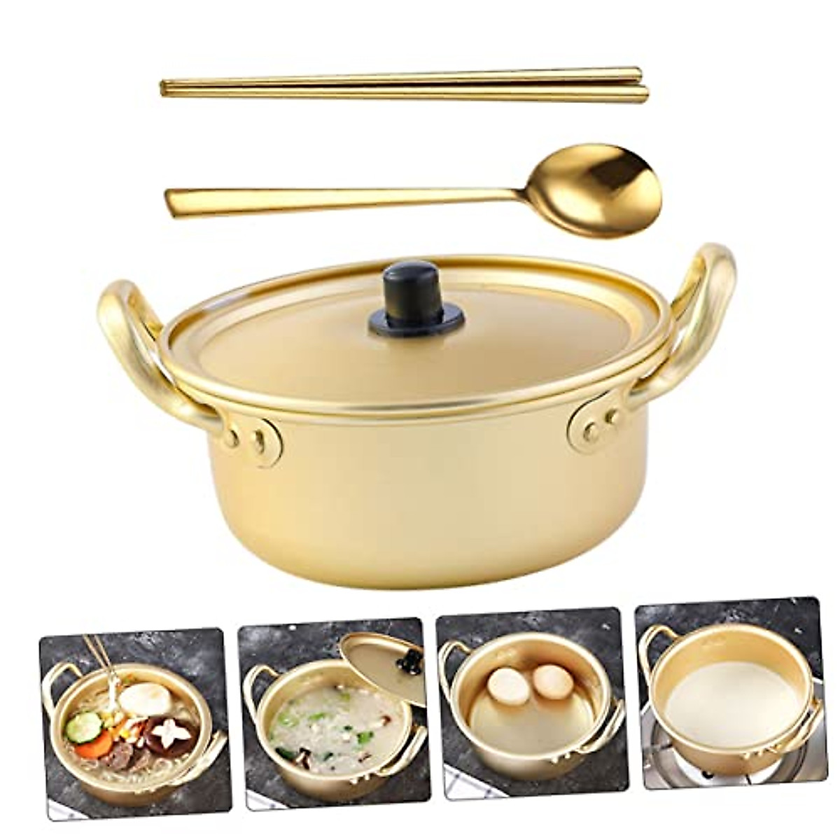 Housoutil Korean Ramen 1 Set Instant Noodle Pot Ramen Pot with Lid Pan with Lid Korean Noodle Pot Ramen Noodle Pot Sauce Pan Aluminum Tool Quick Heat Golden Ramen Cookware Ramen Cooker