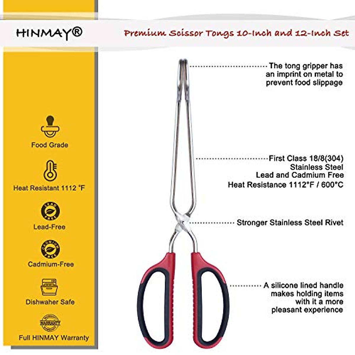 HINMAY Stainless Steel Scissor Tongs 10-Inch and 12-Inch Set, Set of 2
