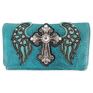 Western Rhinestone Cross Laser Cut Wings Tote Concealed Carry Purse Handbag Women Shoulder Bag Wallet Set (Turquoise Set)