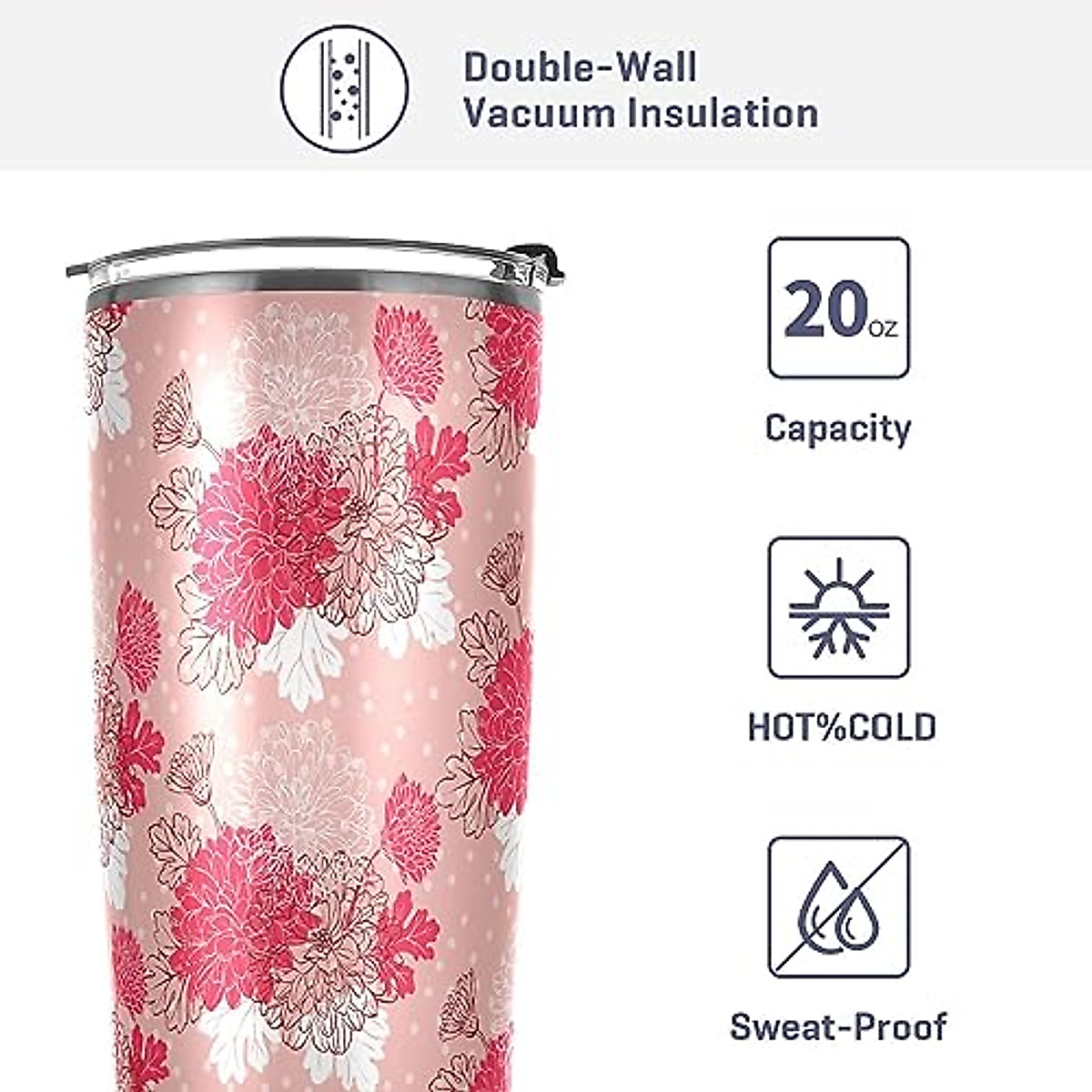 Jihqo Beautiful Floral Pattern Tumbler with Lid and Straw, Insulated Stainless Steel Tumbler Cup, Double Walled Travel Coffee Mug Thermal Vacuum Cups for Hot & Cold Drinks 12oz