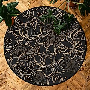Luxurious Lotus Flower Round Rug 5.2Ft Black Non Slip Round Area Rug for Bedroom Living Room, Soft Throw Rugs Play Rug Circular Area Rugs Circle Playhouse Carpet
