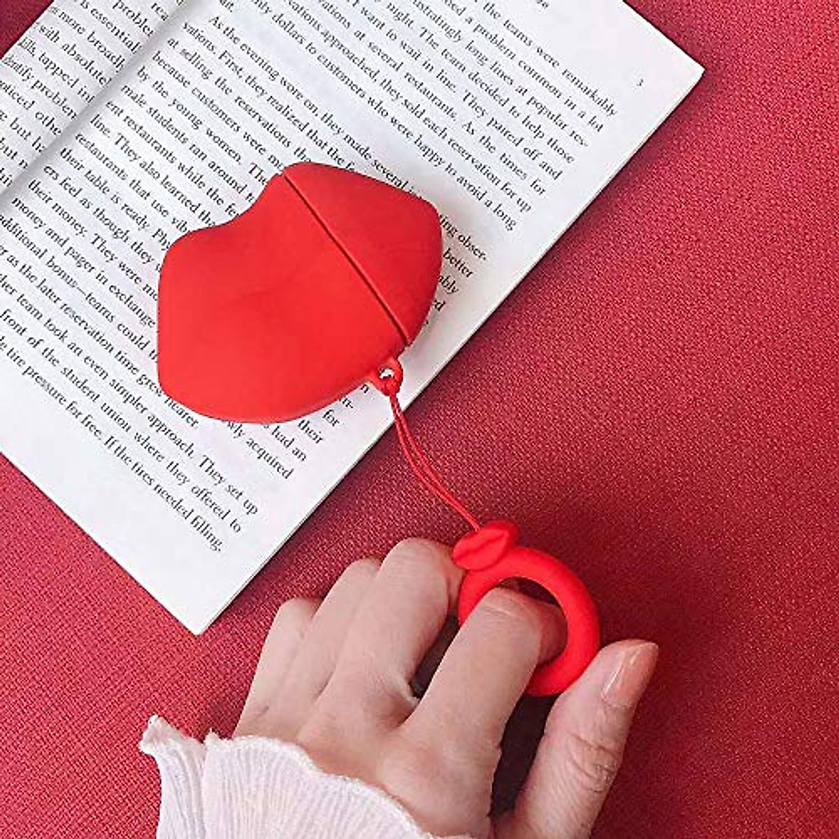 Rertnocnf Compatible with Earbuds Case Airpods 1 & 2, Creative 3D Lips Design Personality Red Lip Portable Accessories Soft Silicone Protective Wireless Earphone Charging Case with Ring Decoration