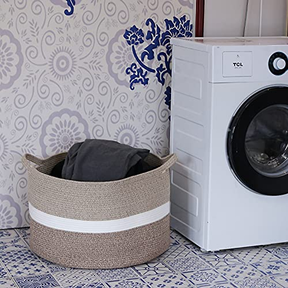 Extra Large Storage Basket, Woven Cotton Rope Blanket Basket for Nursery and Home, Fabric Laundry Basket with Handles for Living Room, Laundry Room, Kids Room and Bedroom, Mixed Brown