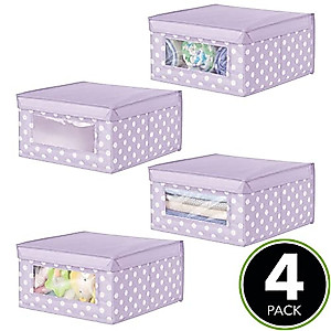 mDesign Medium Soft Stackable Fabric Baby Nursery Storage Organizer Holder Bin Box with Front Window and Lid for Child/Kids Bedroom, Playroom, Classroom - 4 Pack, Light Wisteria Purple/White Polka Dot
