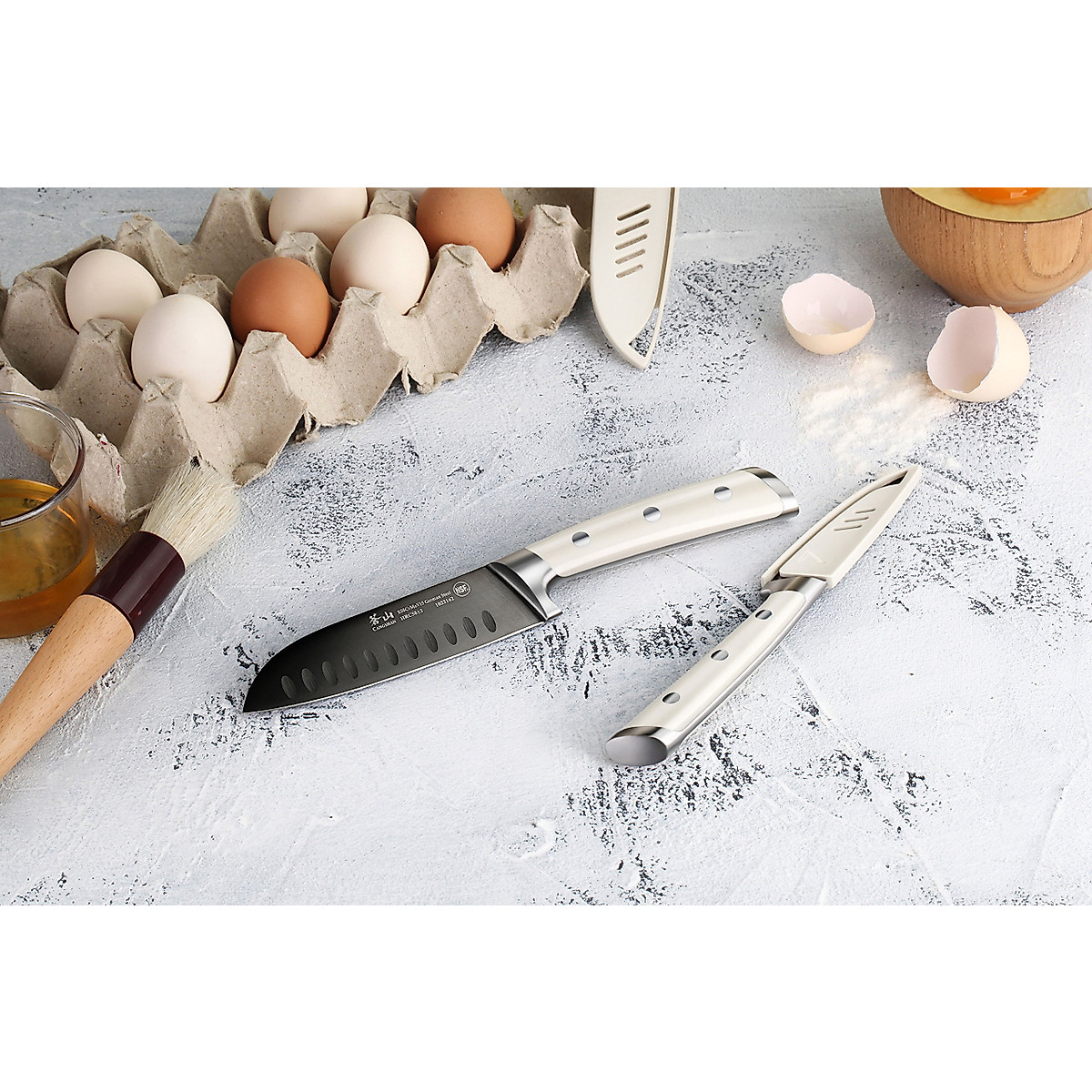 Cangshan S+ Series 1022100 German Steel Forged 2-Piece Titanium Coated Santoku Starter Knife Set with Sheaths, Vanilla White