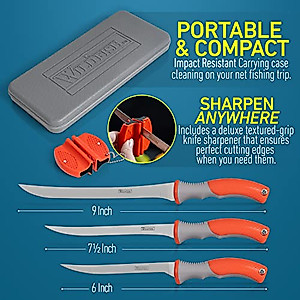 Wild Fish 5-Piece Fish Fillet Set for Filleting and Boning, 9 Inch, 7 1/2 Inch, and 6 Inch Fillet Knifes with Sharpener and Case