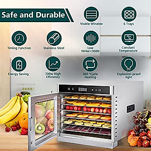 COMKERI Food Dehydrator 6 Trays for Food Jerky, Fruit, Meat, Dog Treats, Herbs, Flower Tea, Vegetables, Durable Food-grade Stainless Steel Dehydrator Machine with 110V/700W