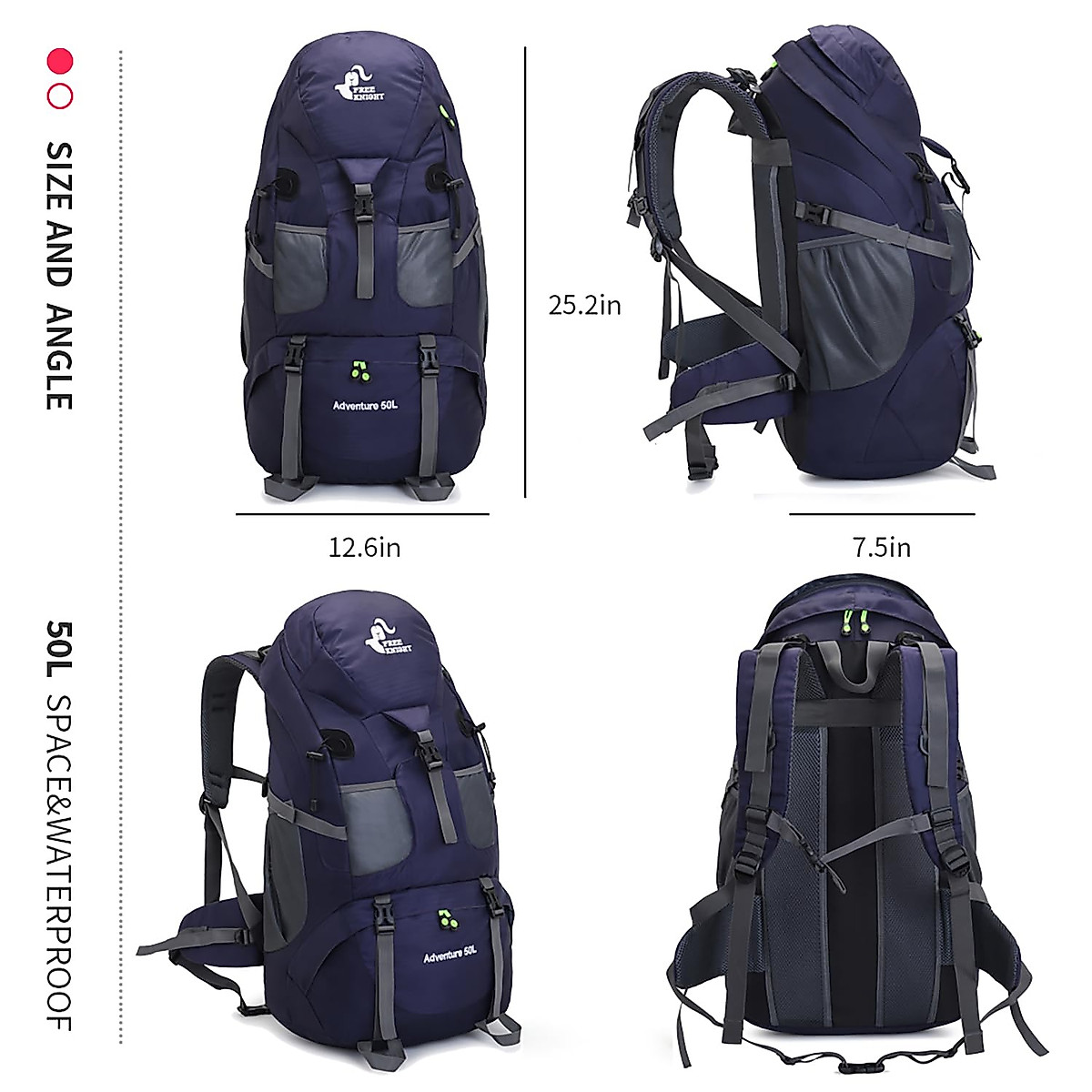 Bseash 50L Hiking Backpack, Water Resistant Lightweight Outdoor Sport Daypack Travel Bag for Camping Climbing Skiing Cycling (Dark Purple - With Shoe Compartment)