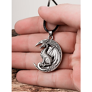HAQUIL Dragon Necklace for Men, Celtic Dragon on Crescent Moon Pendant, Faux Leather Cord, Dragon Jewelry Gift