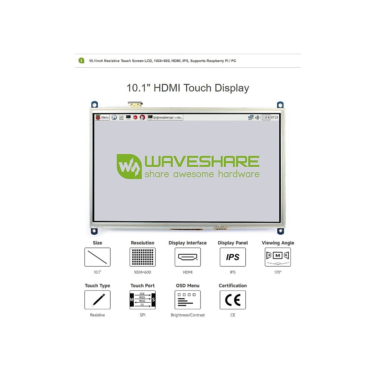 waveshare 10.1inch Resistive Touch Screen LCD Compatible with Raspberry Pi 4B/3B+/3A+/2B/B+/A+/Zero/Zero W/WH/Zero 2W CM3+/4 1024×600 Resolution HDMI IPS Supports Windows