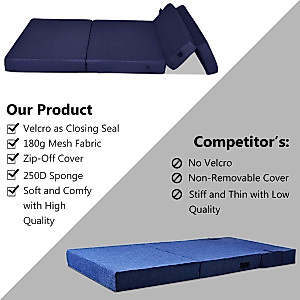 Giantex 4" Thick Folding Portable Mattress Pad Sofa Bed with No Carrying Handles and Removable Washable Fabric, High-Density Foam Futon Sleepover Guest Easy to Store (Queen, Blue)
