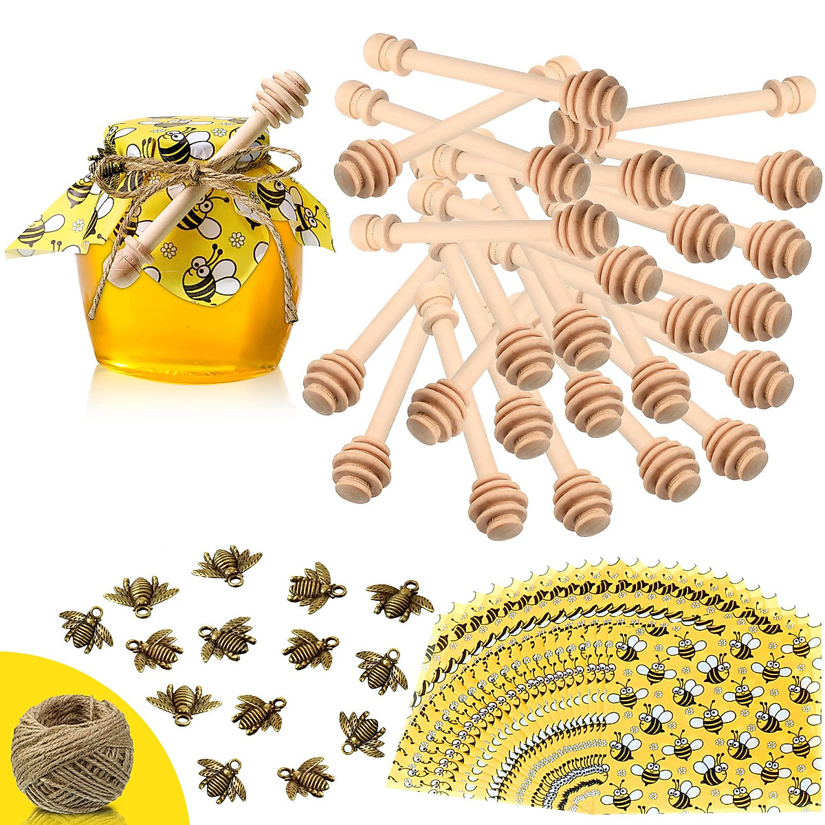 50 Pieces 3 Inch Wooden Honey Dipper Sticks Set Honey Dipper Sticks 50 pieces Honeybee Charm Pendants 50 pieces Decorative Bee Wrapping Paper with 30 Meters Jute Hanging Rope for Honey Jar DIY Crafts