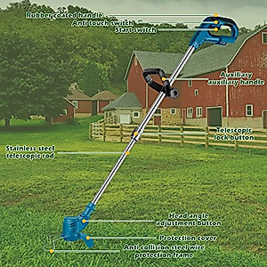 DARUOAND A2B Cordless Grass Trimmer Electric Lawn Mower Adjustable Height Weed Wacker 6000 RPM Household Portable Garden Yard Trimming Machine Suitable for Park Villa Undershrub A2B(Blue)