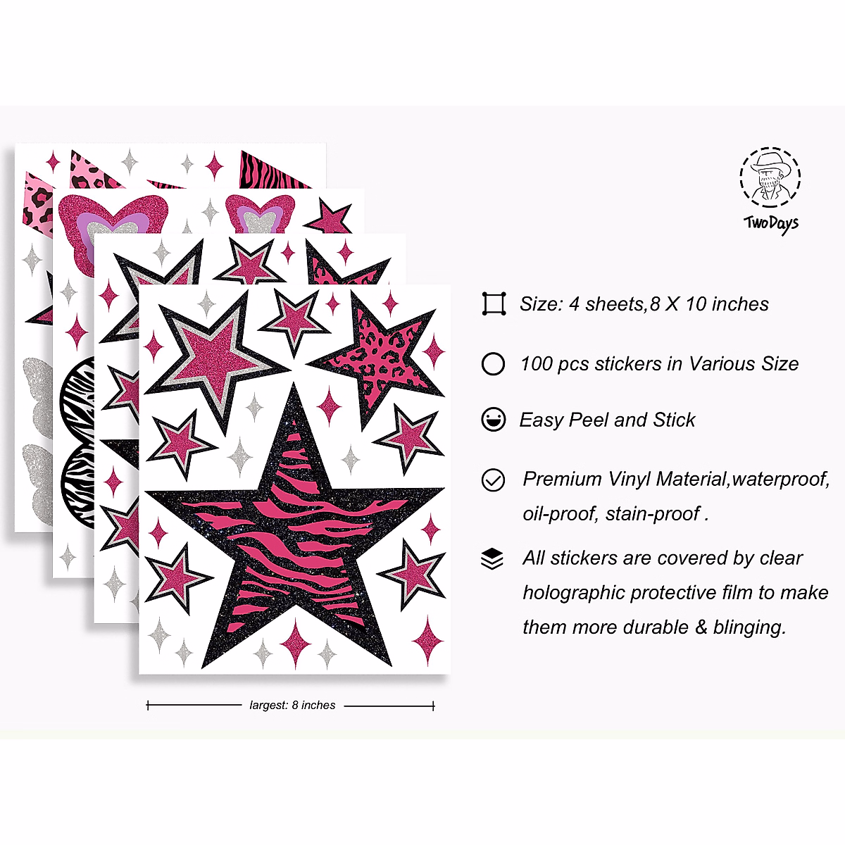 TwoDays 100PCS Y2K Room Decor Aesthetic Wall Decal, 2000s Mcbling Vinyl Peel and Stick Stickers for College Teen Girls Bedroom, Pink Stars Trashy Y2k Decorations for Women Apartment.