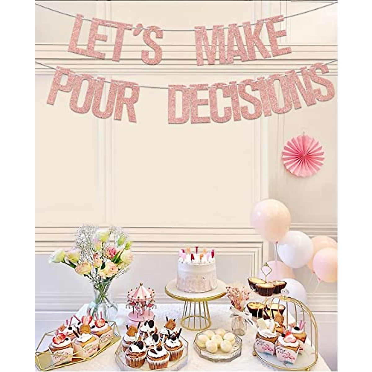 Let's Make Pour Decisions Banner, Bachelorette Party Banner, Wine Party Banner, Bridal Banner Decorations, Wedding/Bridal Shower Party Bunting Decorations Rose Gold Glitter