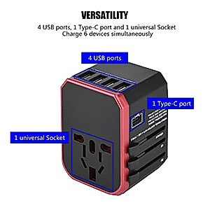 International Universal Travel Adapter, All-in-One Global AC Charger Socket. The 5.6A 4 USB and Type c Multi-Function Conversion Plug is Suitable for Many Countries Around The World. (Red)