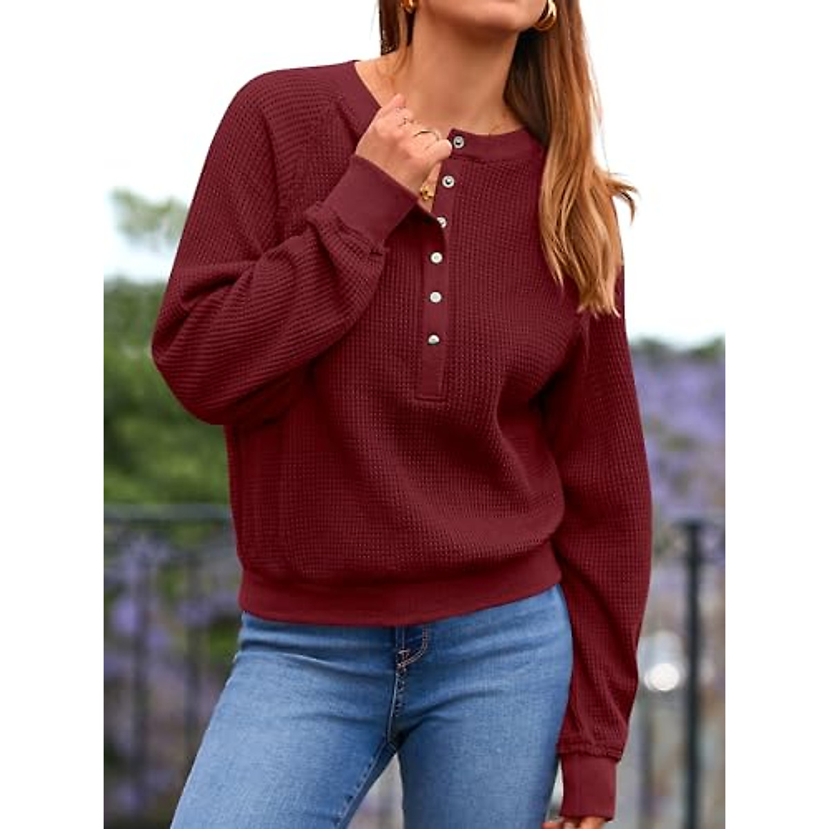PRETTYGARDEN Women Drop Shoulder Long Sleeve Sweatshirt Fall v Neck Oversized Crop Pullover Winter Waffle Knit Henley Tops Button Down Shirt (Jujube Red, XX-Large)