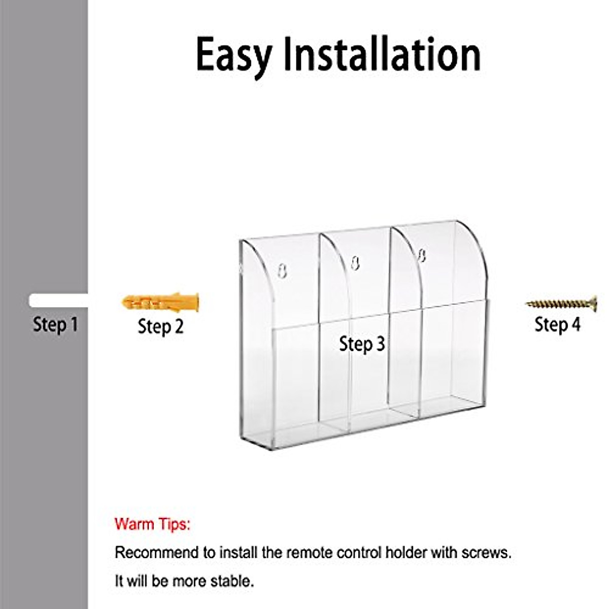 Hipiwe Wall Mount Remote Control Holder Clear Acrylic Media Organizer Storage Box Coffee Table and Nightstand Convenient Remote Control Caddy (Three Compartments)