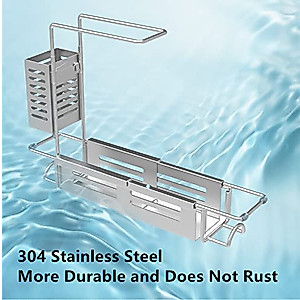 BEENLE 304 Stainless Steel Telescopic Sink Caddy Sponge Holder,Expandable Kitchen Sink Organizer Dish Drainer Rack Sink Tray Brush Soap Holder(14.6''-18.5''), Without Chopstick Holder