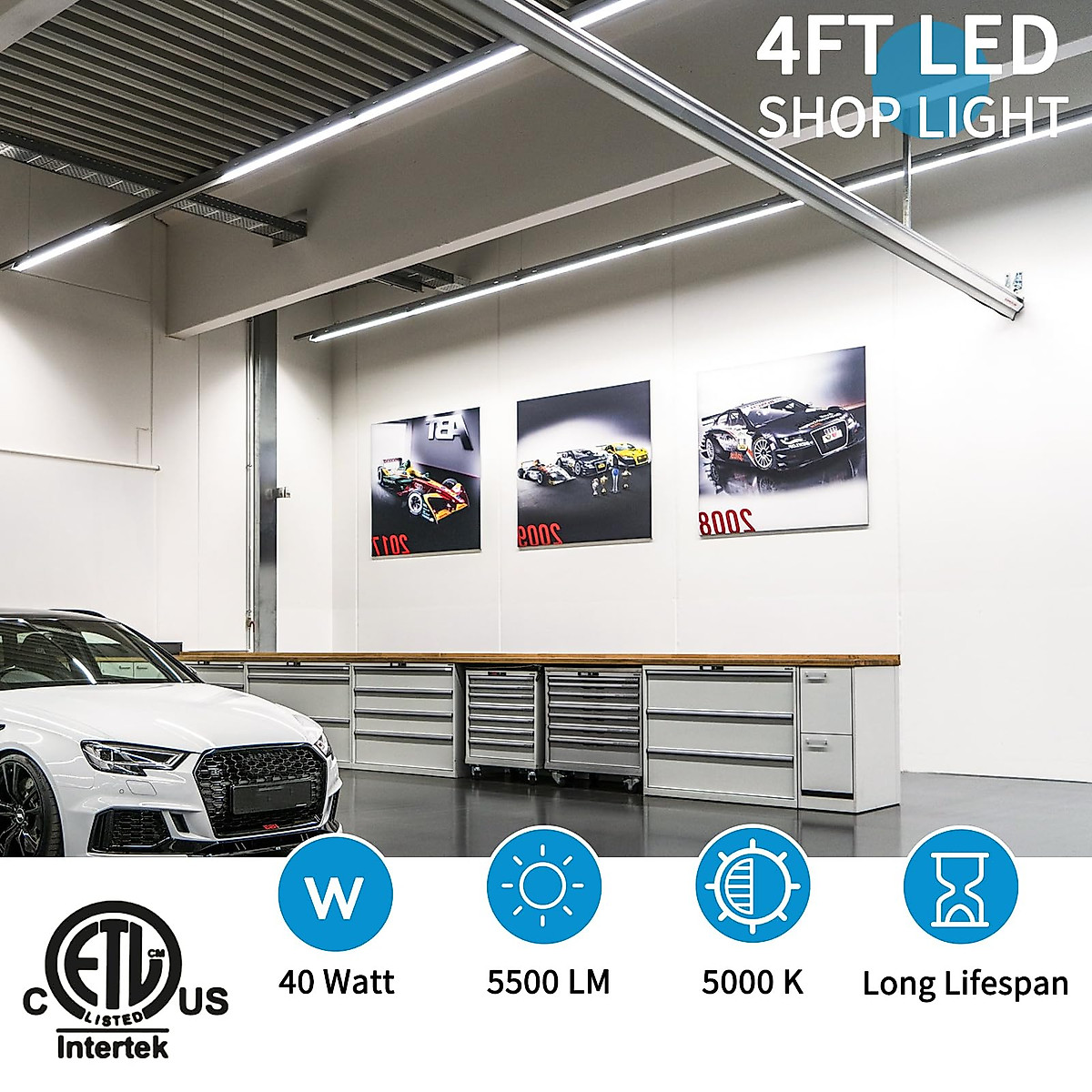 SHOPLED 4FT LED Shop Light, 40W 5500LM 5000K Daylight White, Linkable T8 LED Tube Lights 4FT, V-Shape, 4 Foot LED Shop Lights for Garage, 4 Pack