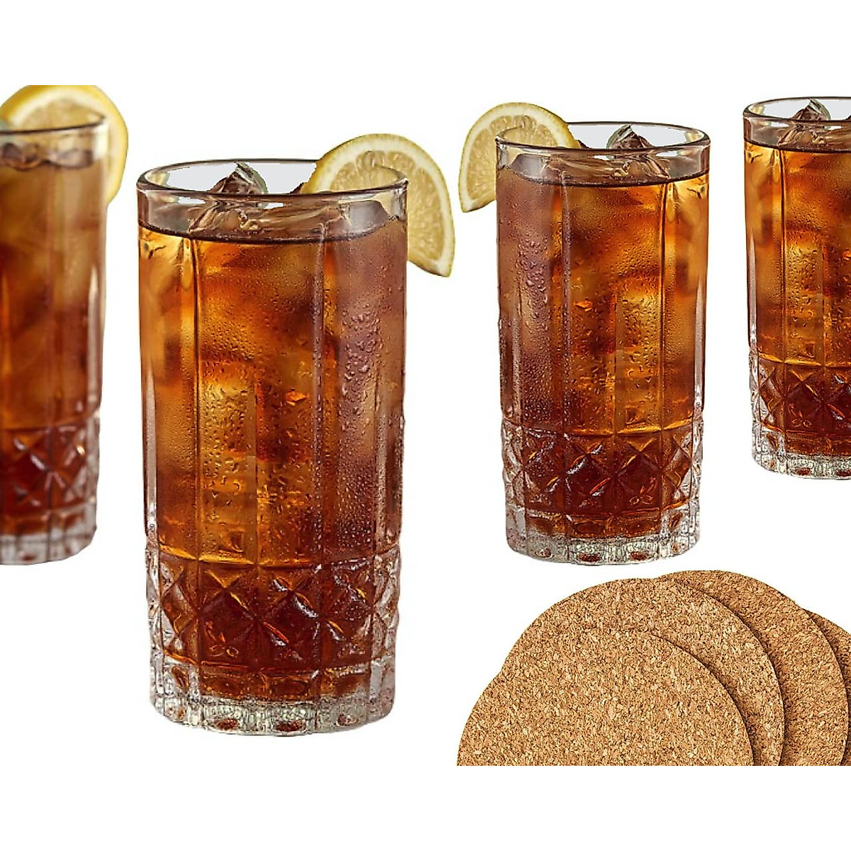 AMZ Empire Drinking glasses Set of 4 - Evora Strong 13 oz Highball Glass - Cocktail Glasses, Tumbler Cup, Beverage Cups with Coasters