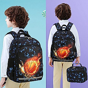 LEDAOU Kids Preschool Backpack Lunch Box Boys Kindergarten BookBag Primary Waterproof School Bag 7 Pockets with Chest Strap (Basketball Black)