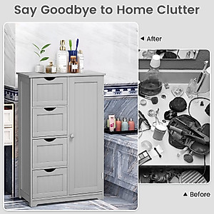 COSTWAY Bathroom Storage Cabinet, Wooden Freestanding Storage Cupboard Organizer with 4 Drawers & Adjustable Shelf, Modern Floor Cabinet for Living Room, Bathroom, Kitchen, Entryway (Grey)