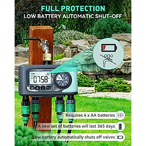 RAINPOINT Sprinkler Timer, 4 Outlets Hose Timer with Brass Inlet, Water Timer with Rain Delay/Manual/Automatic Timed Controller System, Programmable Digital Irrigation Timer for Lawn Yard, 4 Zone