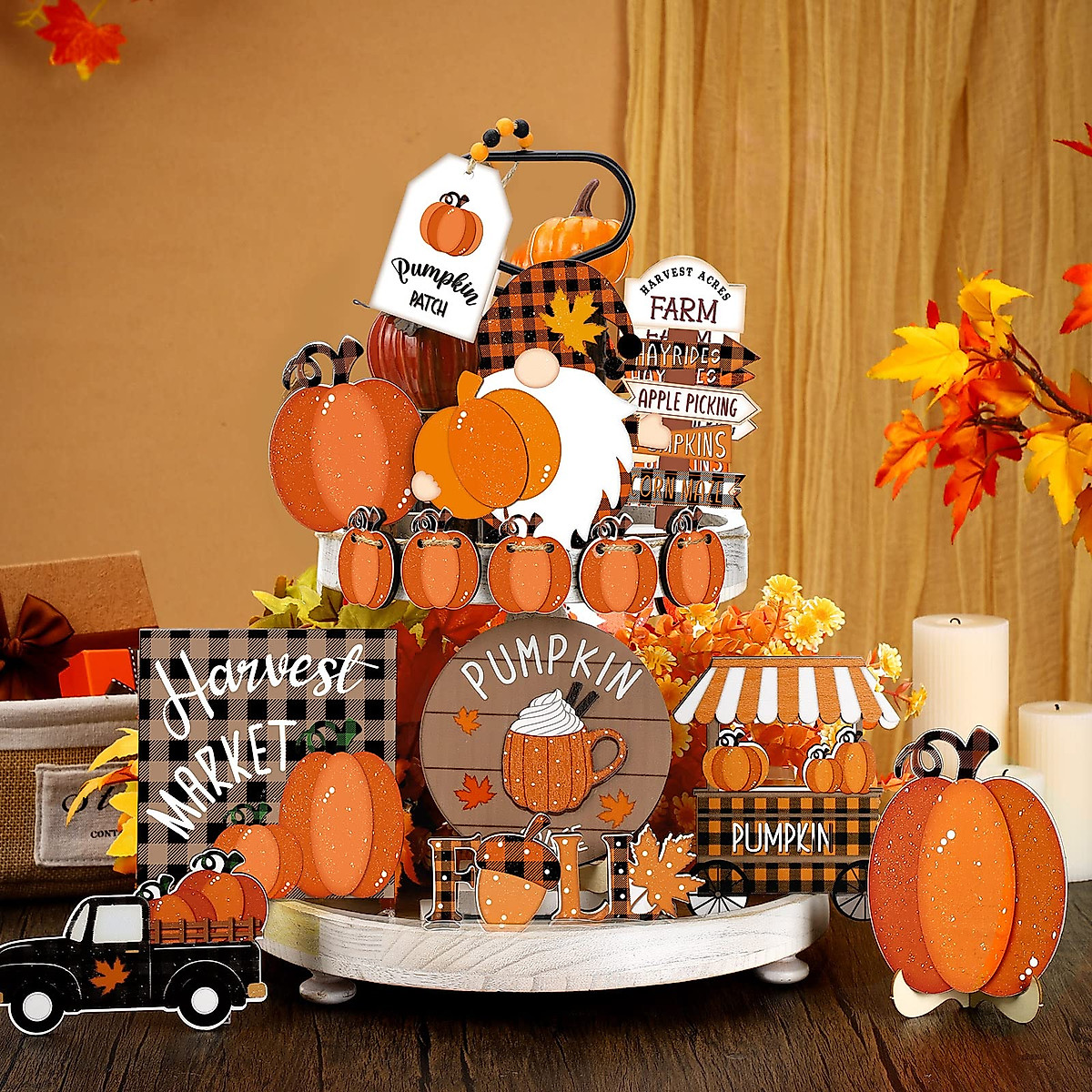 16 Pcs Fall Tiered Tray Decor Set Thanksgiving Pumpkin Wooden Sign Gnomes Truck Farmhouse Rustic Tray Decoration for Fall Thanksgiving Home Table Kitchen, Trays Are Not Included
