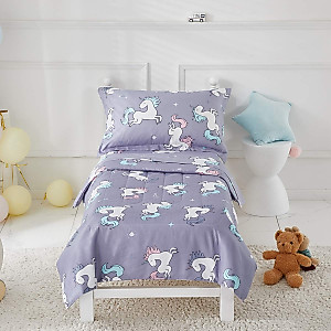 UOZZI BEDDING Unicorn 4 Piece Toddler Bedding Set with Rainbow Stars Blue-Gray - Includes Adorable Quilted Comforter, Fitted Sheet, Top Sheet, and Pillow Case for Girls Boys Bed