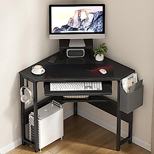 sogesfurniture Corner Desk Small Desk Corner Table for Small Space, Corner Computer Desk Writing Smooth Keyboard Tray & Shelves,Compact Home Office Triangle Table