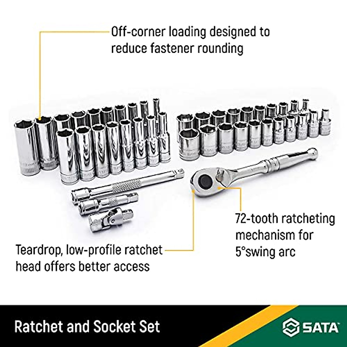SATA 43-Piece 1/4-Inch Drive SAE and Metric Socket Set, Standard and Deep Sizes, with Ratchet and Other Accessories - ST09007U