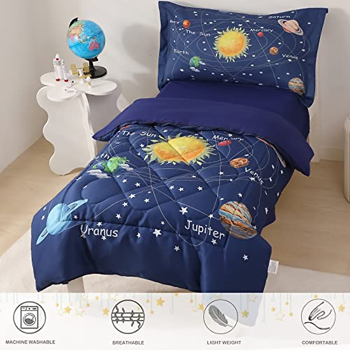 KINBEDY 4 Pieces Space Toddler Bedding Set for Boys Navy Blue Planet Star Bed Sheets Set Comforter Set for Baby Kids | Include Comforter, Flat Sheet, Fitted Sheet, Pillowcase