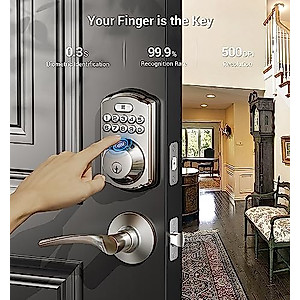 Veise Fingerprint Door Lock with 2 Lever Handles - Keyless Entry Door Lock, Electronic Keypad Deadbolt & Front Door Lock Handle Sets, Auto Lock & 1 Touch Locking, Easy Installation, Satin Nickel