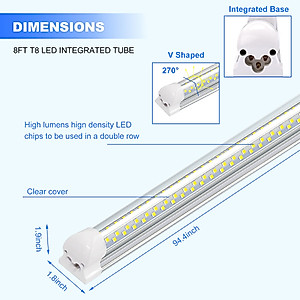 SZSKYING 8FT LED Shop Light Fixture,T8 Integrated Led Tube Lights White,120W 12000LM 6500K,High Output Clear Cover, V Shape 8 Foot LED Light Bulb,Garage Lighting for Workshop,Plug and Play (20 Pack)
