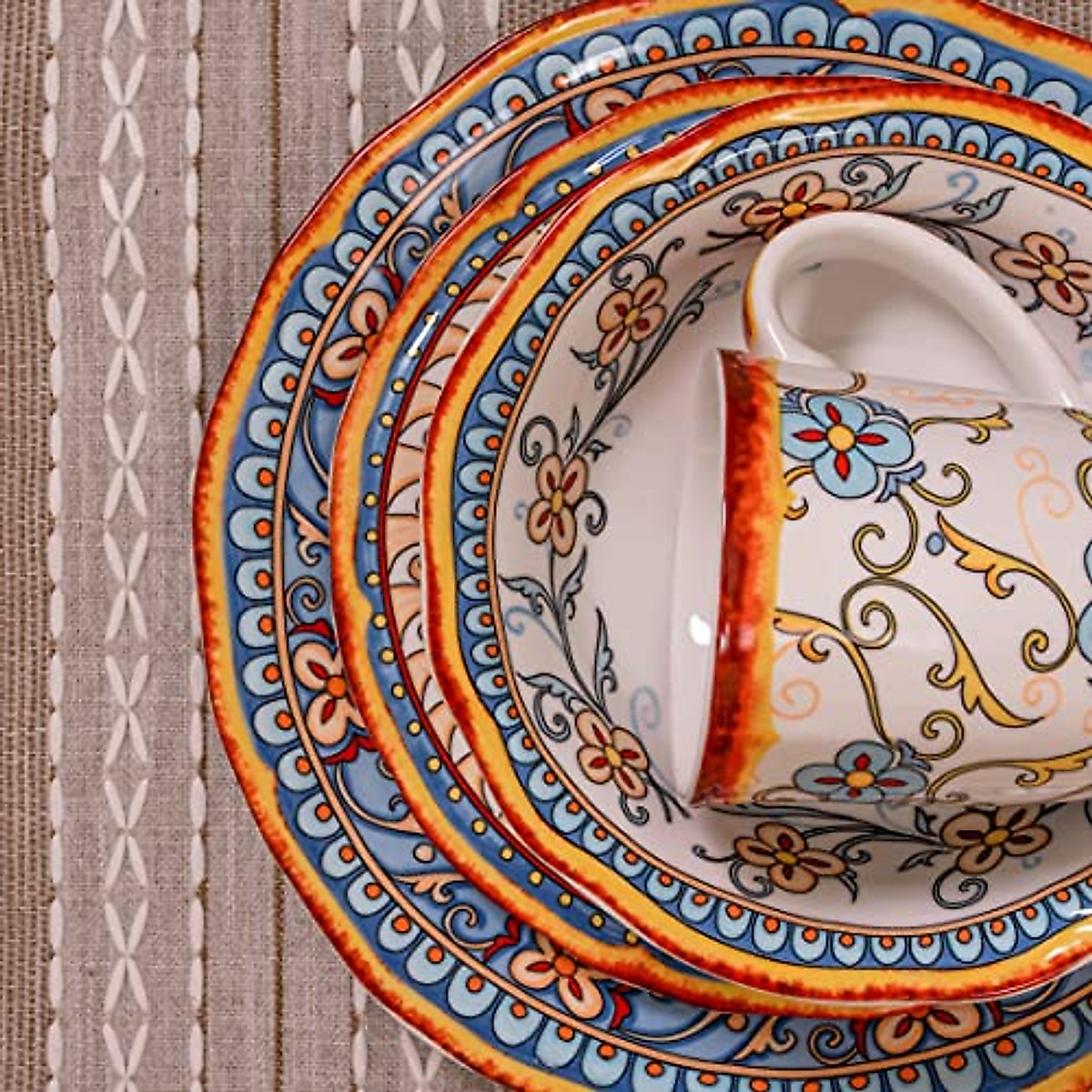 Euro Ceramica Duomo 16 Piece Stoneware Dinnerware Set, Service for 4 – Thanksgiving-Fall-Summer Dishes - Floral Design, Multicolor