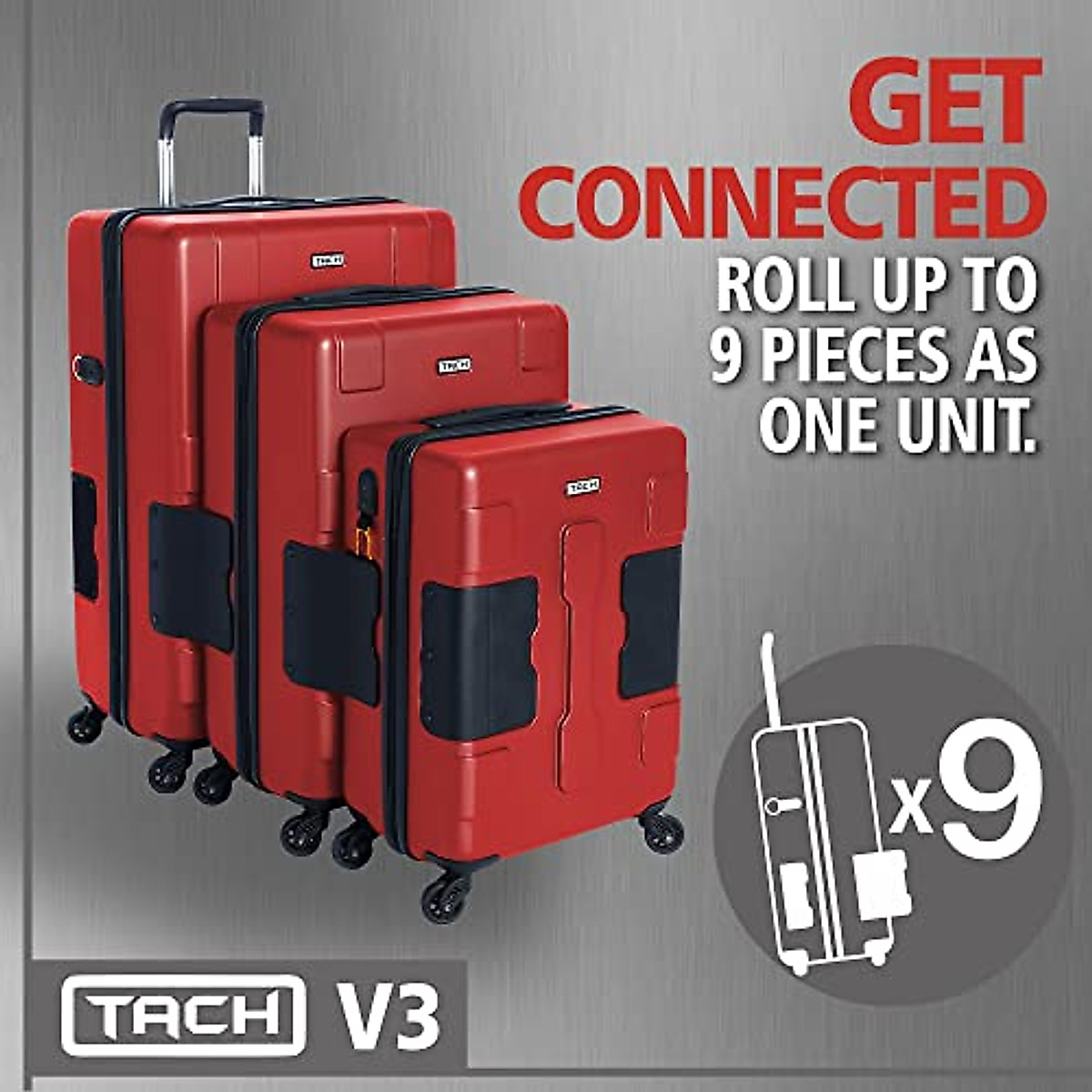 Tach V3 3-Piece Hardcase Connectable Luggage & Carryon Travel Bag Set | Rolling Suitcase with Patented Built-In Connecting System | Easily Link & Carry 9 Bags At Once (wine red)