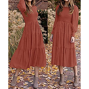 ZESICA Women's 2023 Casual Long Sleeve Crew Neck High Waist Smocked Flowy Tiered Midi Dress,Rust,Medium