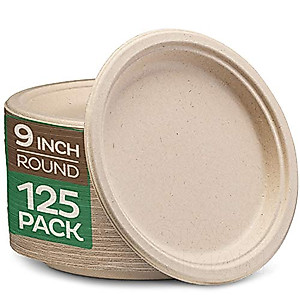 100% Compostable 9 Inch Paper Plates [125-Pack] Heavy-Dut, Natural Disposable Bagasse Plate, Eco-Friendly Made of Sugarcane Fibers - Natural Unbleached Brown 9" Biodegradable Plate by Stack Man