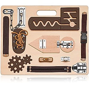 Montessori Busy Board for Toddlers, Wooden Sensory Toys, Preschool Learning Activities for Fine Motor Skills Travel Toy, Basic Life Skills Educational Gifts for 1 2 3 4 Years Old Kids Boys Girls