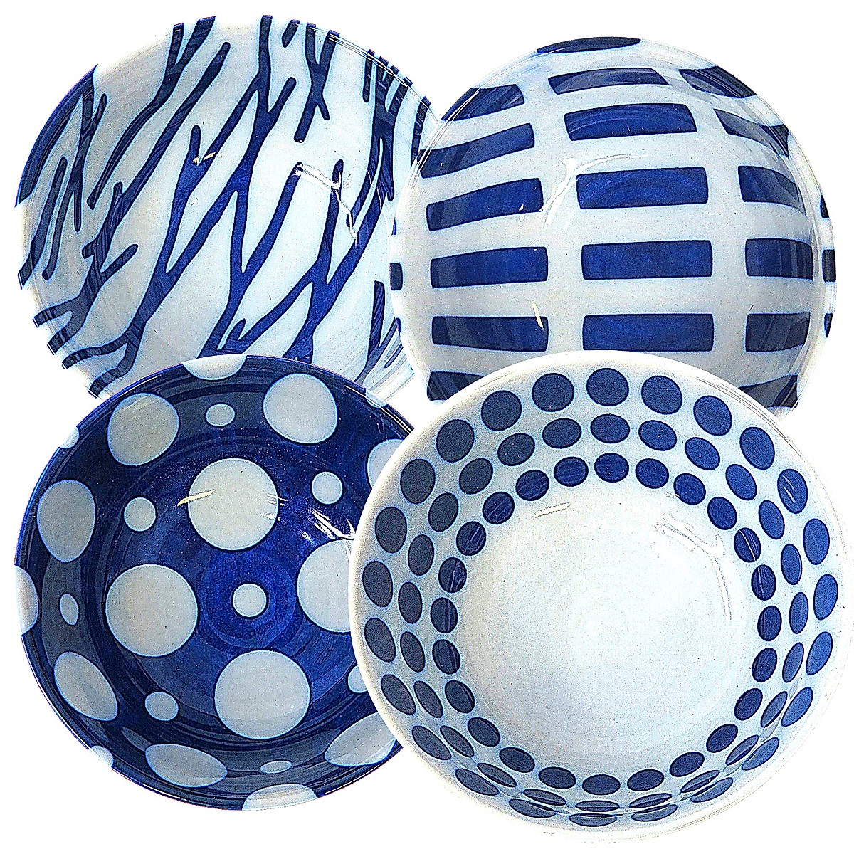 Ceramic Donburi Bowl Set, Miso Soup Bowls with Blue and White Eclectic Floral Designs, Kitchenware Housewarming and Wedding Shower Gifts, 5 Inches