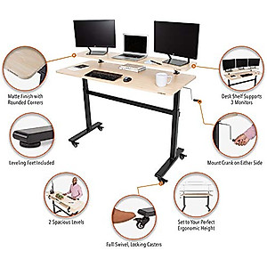 Stand Steady Tranzendesk | 55 Inch Standing Desk with Clamp On Shelf & Detachable Wheels | Crank Height Adjustable Sit to Stand Workstation | Monitor Riser Supports 3 Screens (55 in / Maple)