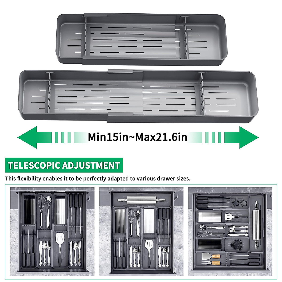 AEARY Kitchen Drawer Silverware Organizer, Adjustable Cutlery Organizer, Expandable Utensils Holder, Silverware Dividers Tray, Storage for Flatware, Large Drain Board (Gray,2 Sets)