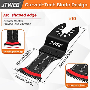 JTWEB Japanese Tooth Oscillating Saw Blades Wood, 10PCS Arc-Shaped Edge Multi Tool Blades for Wood, Plastic, Power Oscillating Tool Blade Multitool Blades Kits Sharpener Universal for Milwaukee