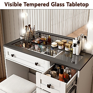 35.4" Makeup Vanity Desk with Mirror and Lights and Chair, Glass Tabletop Farmhouse White Rustic Vanity Desk, Easily Assembled 3 Color Lighting Mode Makeup Vanity for Women (Glass Top)