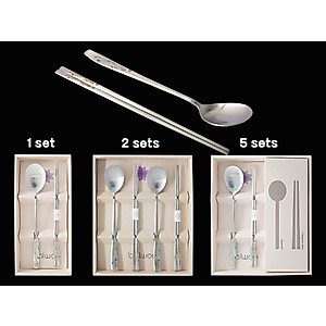 BALWOO [1 Set] [Made in Korea] Orchid Design Korean Style Sticky Rice Spoon Chopsticks Set Silverware Set 304 Stainless Steel Cutlery Set Soup Spoon Ramen Chopsticks Flatware (1 Set)