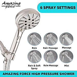 AMAZING FORCE Shower Head with Handheld, 6 Settings Showerhead High Pressure Powerful Water Spray Shower Head Set with 70 Inch Stainless Steel Hose and Bracket