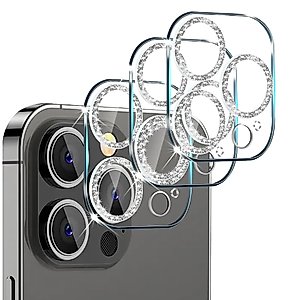 OUYTEU 3*Pack（Silver Diamond） Camera Lens Protector Glass for iPhone 15 Pro and iPhone 15 Pro Max, Ultra HD, Anti-Scratch,Case Friendly,Easy Install,Compatible iPhone 14 Pro and iPhone 14 Pro Max