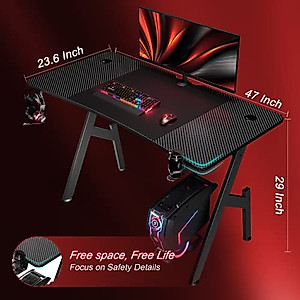 HLDIRECT 47 Inch Gaming Desk with Carbon Fibre Surface Large Computer Desk Gaming Table Ergonomic Pc Gaming Workstation Home Office Desks with Cup Holder & Headphone Hook
